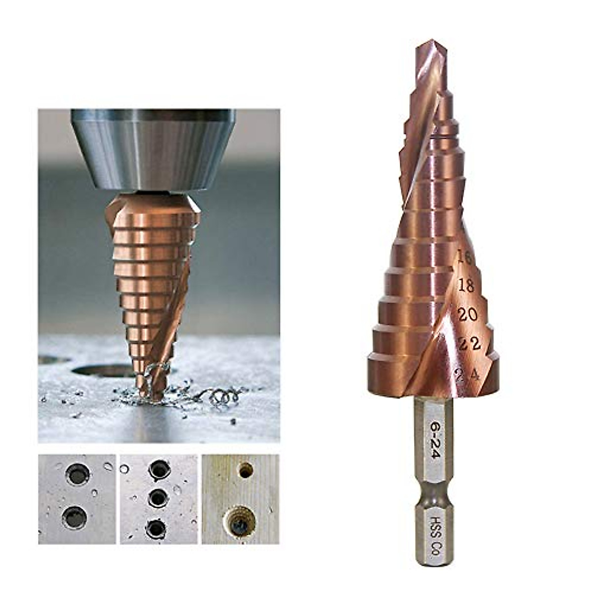 Meichoon HSS M35 Cobalt Step Bit 6-24mm Spiral Flute Large Drill Multi-Hole Hex Shank Counterbore Drilling Cutting Enlarge Stainless Steel Plate Quenching Steel Plate DC1604