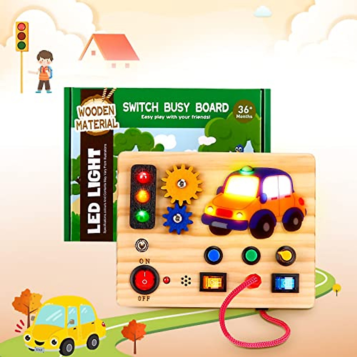 Auney Montessori Busy Board with Traffic Led Lights,Wooden Sensory Toys for Toddlers 1-3,Baby Travel Toys with 7 Different Led Lights Sound Button,Educational Toys for 1+ Year Old Boy Car Style Gift