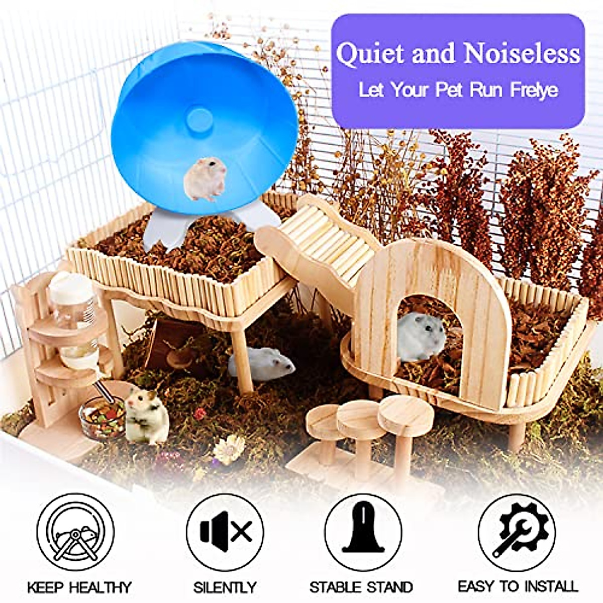8.5 in Silent Hamster Wheel for Syrian Hamster Exercise Wheel & Quiet Hamster Running Spinner Wheel with Stable Stand for Hedgehog, Gerbils, Mice, Dwarf Hamster and More Small Pets, Blue