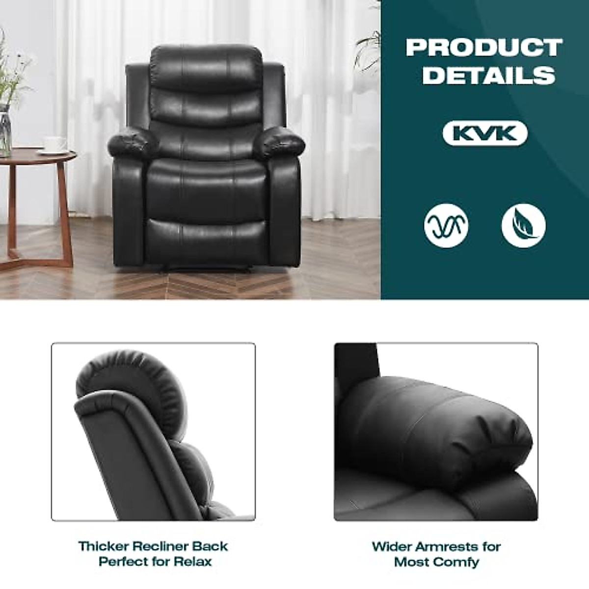 KVK PU Leather Recliner, Upholstered Sofa Recliner Chair, Manual Reclining Home Theater Seating, Arm Chair for Living Room Reading Room Bedroom, Black (GGIN0086BK)