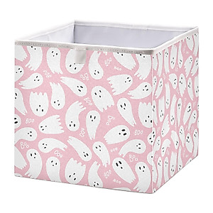 QUGRL Cute Halloween Ghost Storage Bins Organizer Boo Pink Foldable Clothes Storage Basket Box for Shelves Closet Cabinet Office Dorm Bedroom 15.75 x 10.63 x 6.96 in