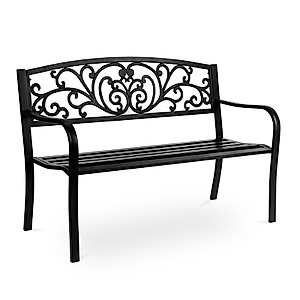 Outvita Outdoor Bench, 50" Metal Garden Bench Patio Porch Furniture with Floral Design Backrest Powder-Coated Chair Yard Entryway Deck Furniture