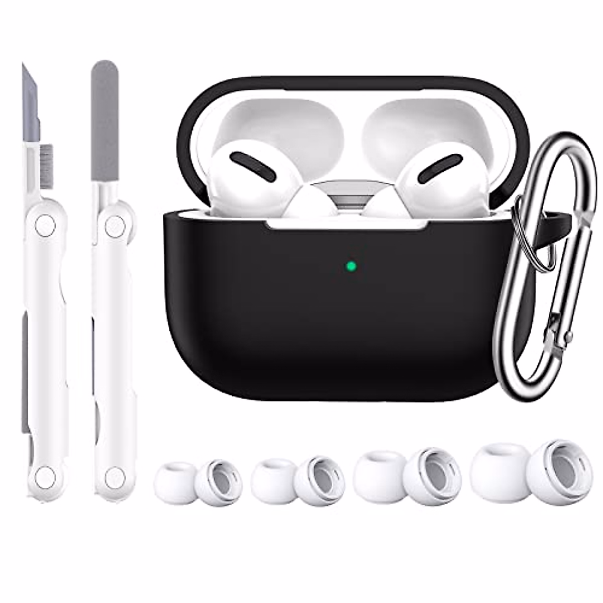 R-fun AirPods Pro Generation Case Cover with Cleaner kit and Replacement Ear Tips(XS/S/M/L), Full Protective Silicone for Apple AirPods Pro 2019 Charging Case - Black
