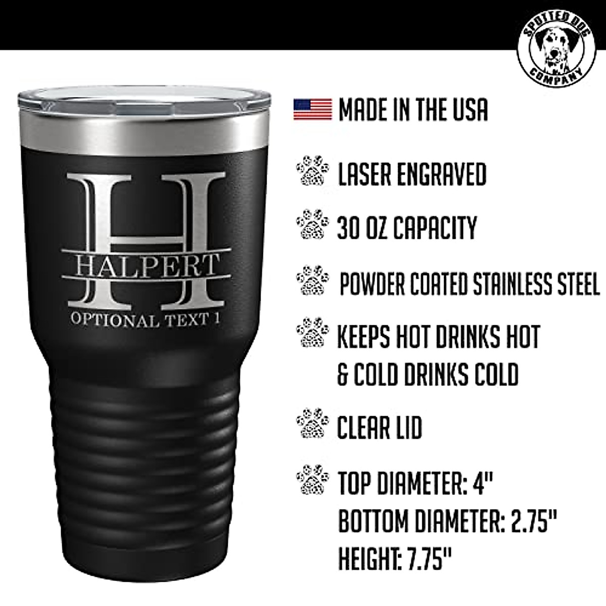 Personalized 30oz (17 Colors) Powder Coated Insulated Stainless Steel Tumbler with Lid, Custom Etched, Customized Engraved Gift Idea for Women Men Her Him, Halpert Monogram Initial Name (Black)