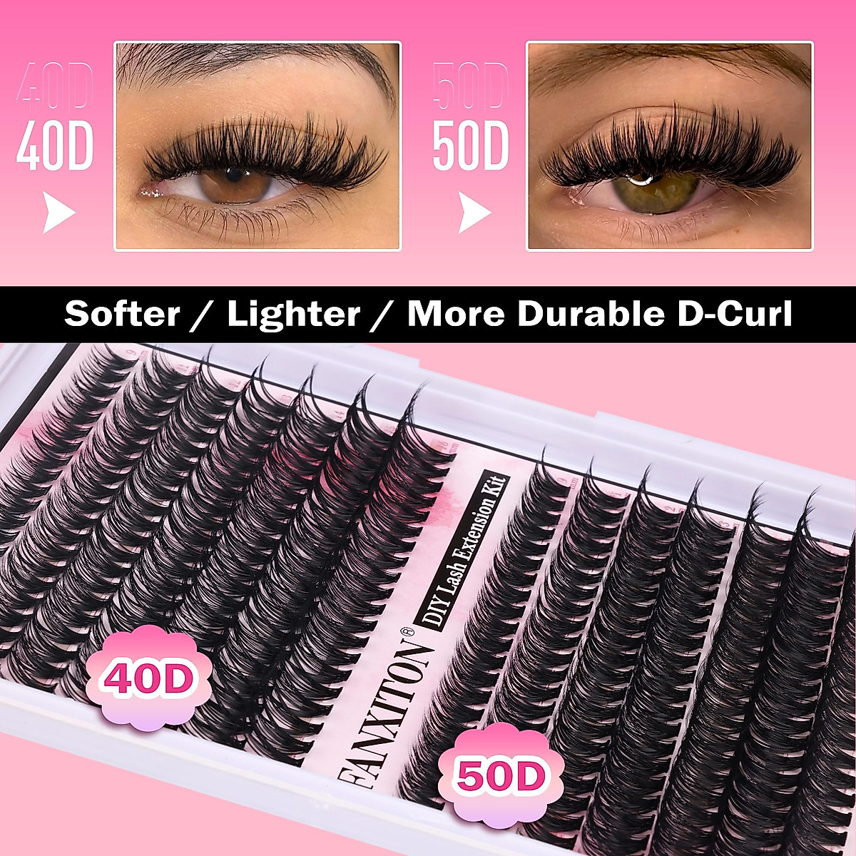 FANXITON DIY Lash Extension Kit - Volume Clusters 40D+50D D Curl Individual Lashes, Thick Eyelash Extension 280 pcs, Thin Band, Bond and Seal, Tweezers