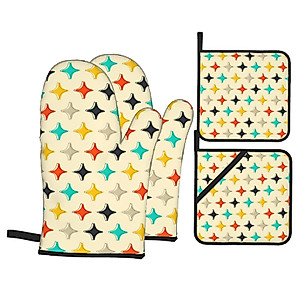 Modern Atomic Stars Retro Colors Oven Mitts and Pot Holders 4pcs Sets，Funny Kitchen High Heat Resistant Oven Mitts，with Oven Gloves and Hot Pads Pot Holders for Baking Cooking BBQ Grilling