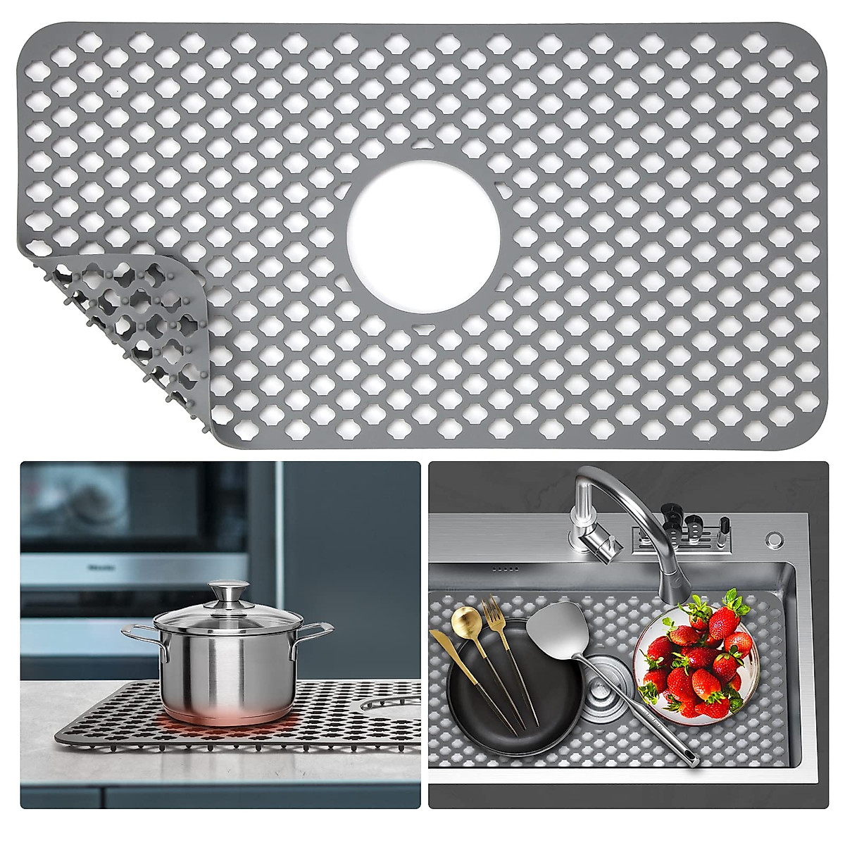 Sink Protector for Kitchen Sink,24.5''x12.9'' Silicone Sink Mat Grid Accessory for kitchen sink with Center Hole Nonslip Heat Resistant for Bottom of Farmhouse Stainless Steel Porcelain Sink