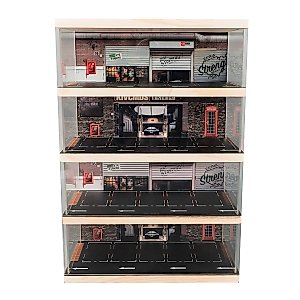 kivcmds 1:64 Scale 4-Tiers Vehicle Model Display Case for Sports Car and Lego Model Collectors, Display Stand for Alloy Car Model Toy with Parking Lot Scene (4-Tiers Auto Repair Store Scene)