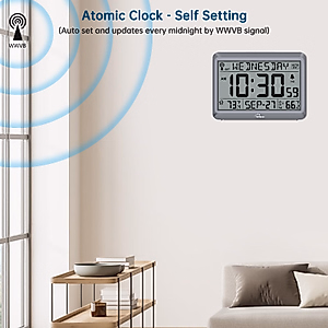 WallarGe Atomic Clock with Indoor Outdoor Temperature, Self-Setting Digital Wall Clock Battery Operated, 4 Time Zones, DST