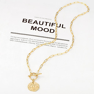 Aobei Pearl Moon and Star Medallion Pendant Necklace 18k Gold Oval Link Chain Choker Large Celestial Charm Layering Jewelry 20’’
