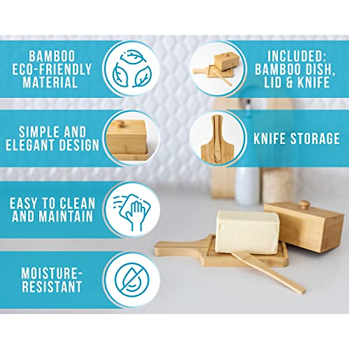 Bamboo Butter Dish w/ Lid – Large Butter Holder Made of Eco-Friendly, Food Grade Bamboo – Holds up to 4oz of Your Favorite Butter – Ideal Butter Keeper for Storage and Serving – Easy to Use