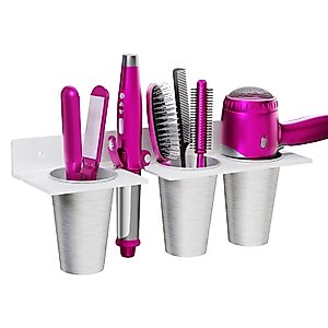 ZASIMO Hair Tool Organizer Wall Mount with 3 Stainless Steel Cup, 4mm Thickened Acrylic Hair Dryer Holder, Bathroom Accessories Storage for Blow Dryer, Curling Wand, Flat Iron, Hair Straighteners