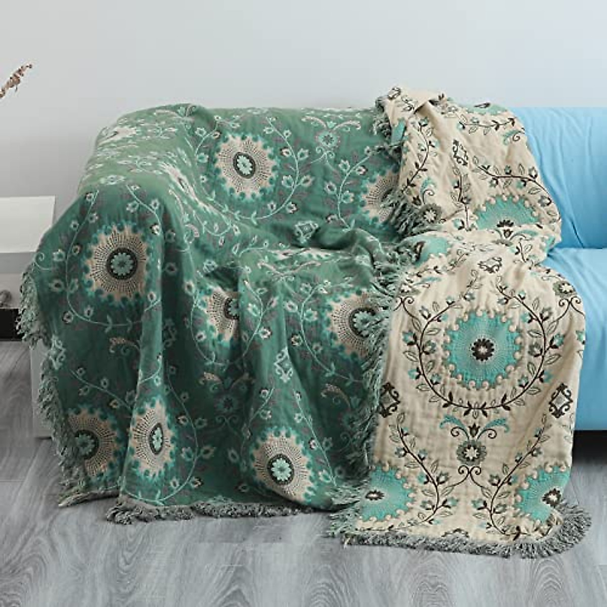 Skrmisda Bohemian Throw Blanket, Boho Blankets 90x98 Inch King Cotton Reversible Ultra Soft Light Quilt Comfy Cozy Bedding Coverlet Sofa Throw(Green+Beige)