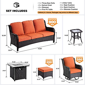 ovios Patio Furniture Set Outdoor Furniture 7 Pieces Swivel Rocking Chairs All Weather Wicker Patio Set with 50,000 BTU Square Propane Fire Pit Table for Garden Backyard,Brown Wicker Orange Red