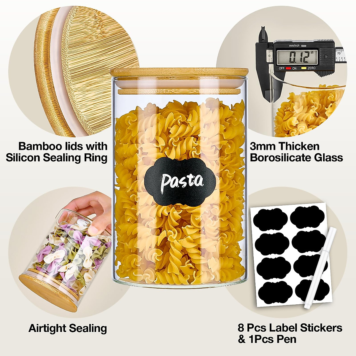 Meolibour 7 Pack Thicker Glass Food Storage Jars with Airtight Bamboo Lids, Clear Glass Storage Containers, Glass Canisters Set for Pasta, Nuts, Coffee Beans, Kitchen Pantry Organization Jar, BPA Free