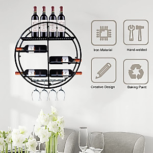 Wall Mounted Wine Rack, Elegant Black Metal Round Wine Glass Holder for Home Bar and Kitchen Décor - Space-Saving Wine Bottle Organizer and Glass Shelf for Parties and Entertaining - 23.6 Inches