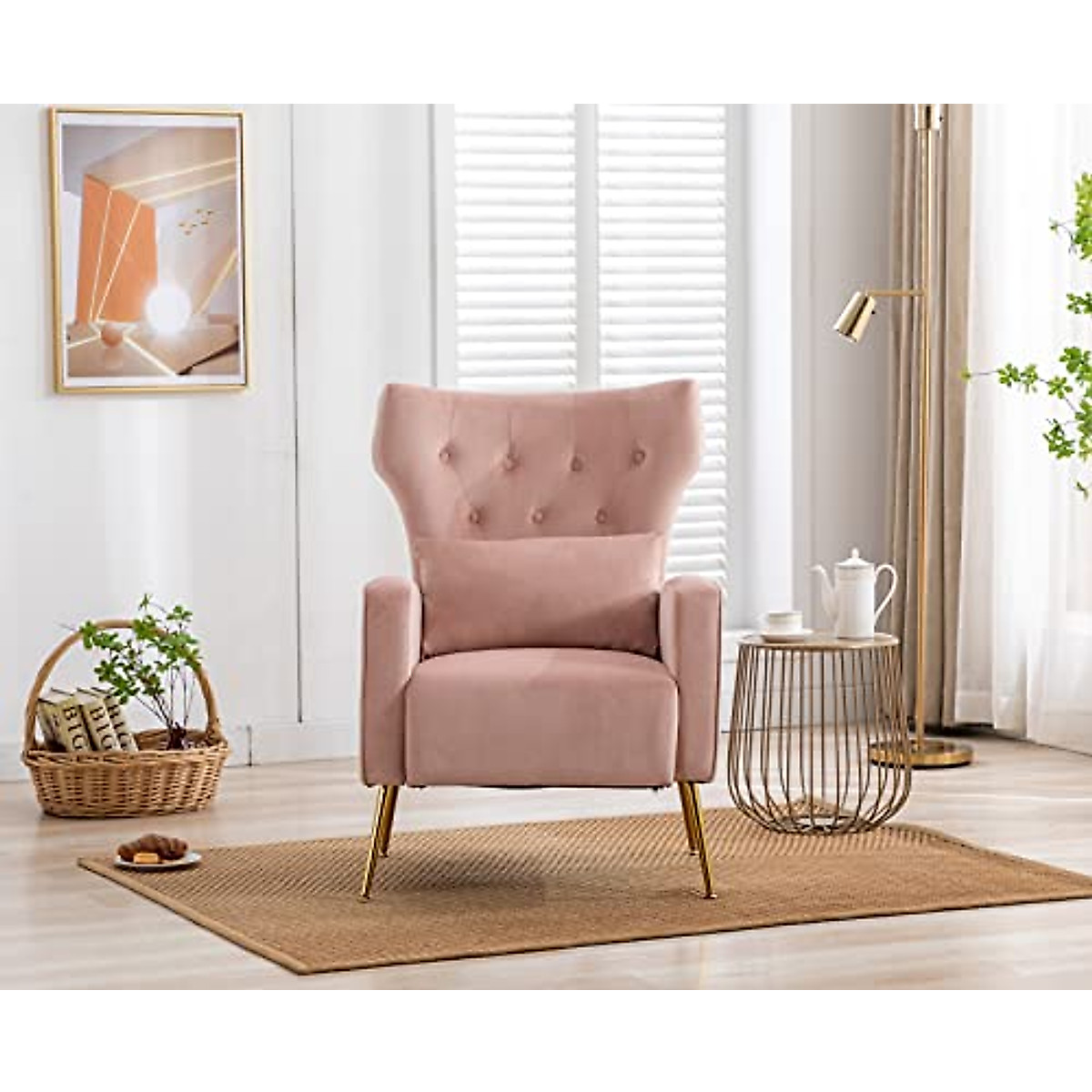 Kmax Velvet Accent Chair Mid-Century Tufted Arm Chair Gold Legs Pillow Wingback Chair for Bedroom Living Room Vanity Reading, Pink, Set of 2