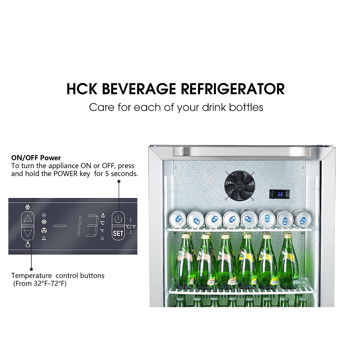 HCK 24 inch Freestanding/Built-in Beverage Cooler Refrigerator with 5.12 cu. ft. 161 cans Capacity, Undercounter refrigerators Reversible Glass Door and Stainless Steel Body for Soda Beer and Wine