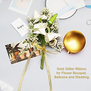 50 Yards Gold Glitter Ribbon 3/8 Inch, Sparkly Thin Solid Fabric Ribbon for Gift Wrapping, Crafts, Holiday Wedding Birthday Party Decoration Floral Bouquet, Metallic Gold Ribbon Roll