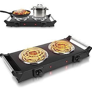 Hot Plate, 2000W Portable Electric Double Burner W/5 Level Temperature Control & Stay Cool Handles, Easy to Clean, Lightweight Cast Iron Electric Stove for Kitchen Camping Cooking, 110V