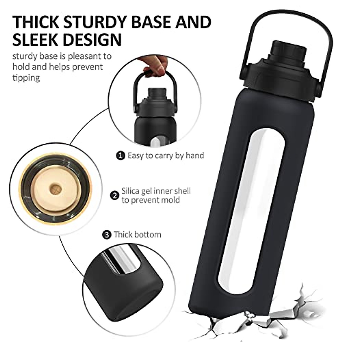 Kodrine Glass Water Bottles with Straw, 32 oz Water Bottle with 2 Lids - Handle Spout Lid & Bamboo Straw Lid, Motivational Water Bottle with Silicone Sleeve, Wide Mouth, Leakproof, BPA Free(Black)