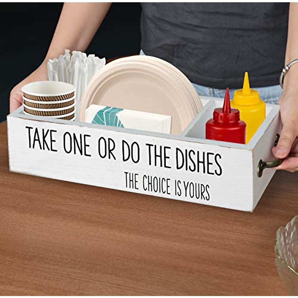 Kitchen Countertop Paper Plate Organizer Utensil Caddy, Wooden Paper Plate Holder with Handle, Utensil Caddy Holder for Cup Fork Knives Napkin Condiment, Silverware Caddy for Party Camping BBQ