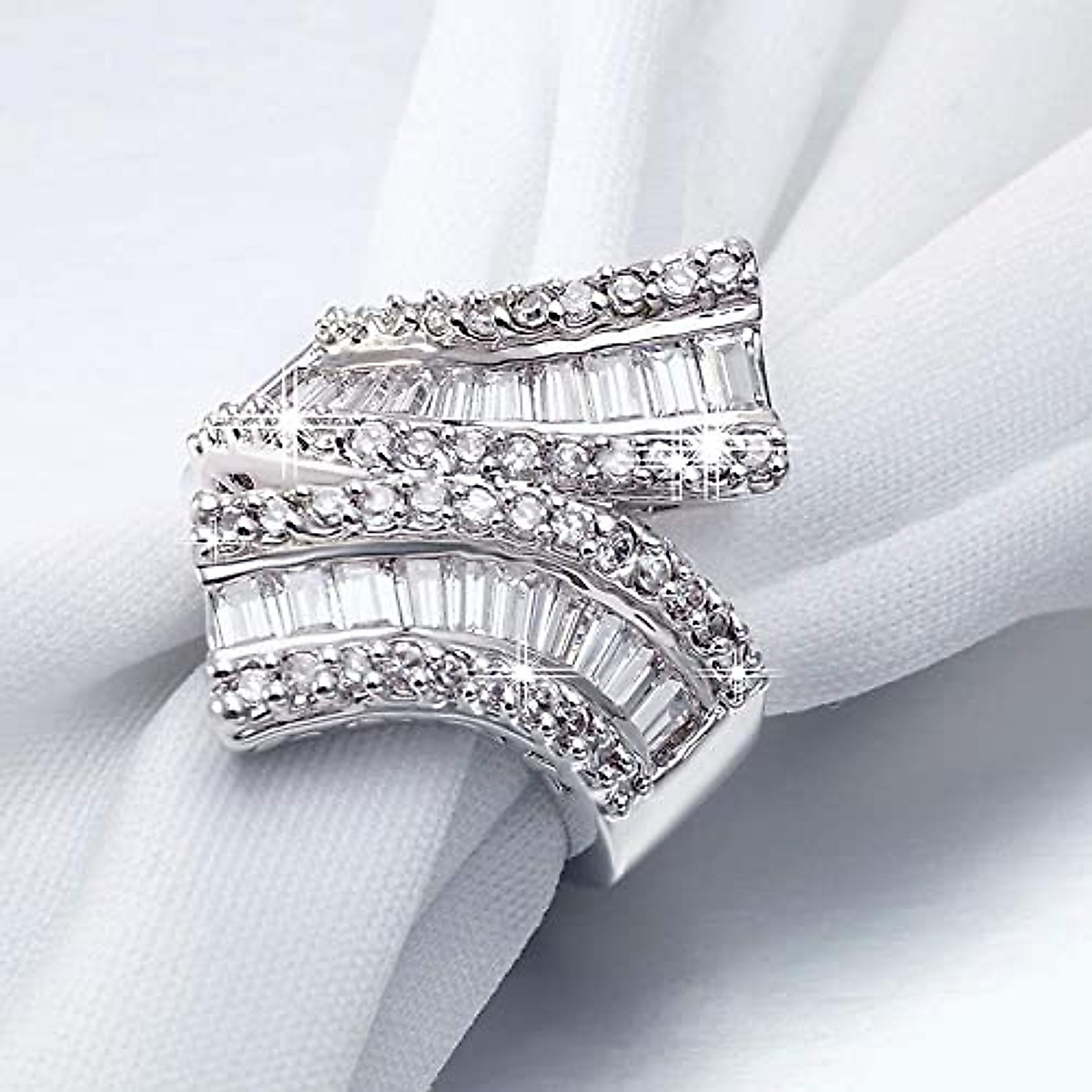 Delicin Jewelry Silver Tone Rhodium Plated Cubic Zirconia Double-Band Curved Ring
