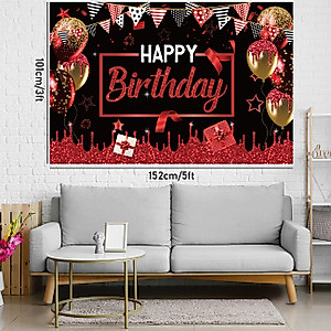 Red and Black Birthday Party Decorations - Red Black and Gold Balloons Garland Arch Kit with Red Happy Birthday Backdrop and Table Cover for Men Women Boy Girl Bady Party Supplies