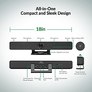 WYRESTORM Conference Room Camera System 120° FOV 4K Webcam with Auto Framing, Presenter/Speaker Tracking, Video Bar 3.5mm Audio Out Dual Stereo Speakers, Cascaded Mics Up to 3 Times for Various Room