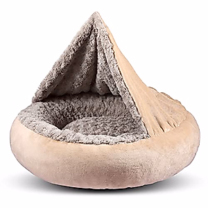 GASUR Small Dog Bed & Cat Bed, Round Donut Calming Dog Beds for Small Dogs, 23"/26" Anti-Anxiety Cave Bed with Hooded Blanket, Cozy Puppy Bed and Cat Beds for Indoor Cats, Machine Washable Pet Bed 23"