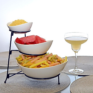 Roe & Moe 3 Tier Serving Stand Ceramic Bowl Set with Metal Rack, Tiered Bowls for Parties Candy Appetizer Dessert Fruit Cake Veggies Chips & Dip