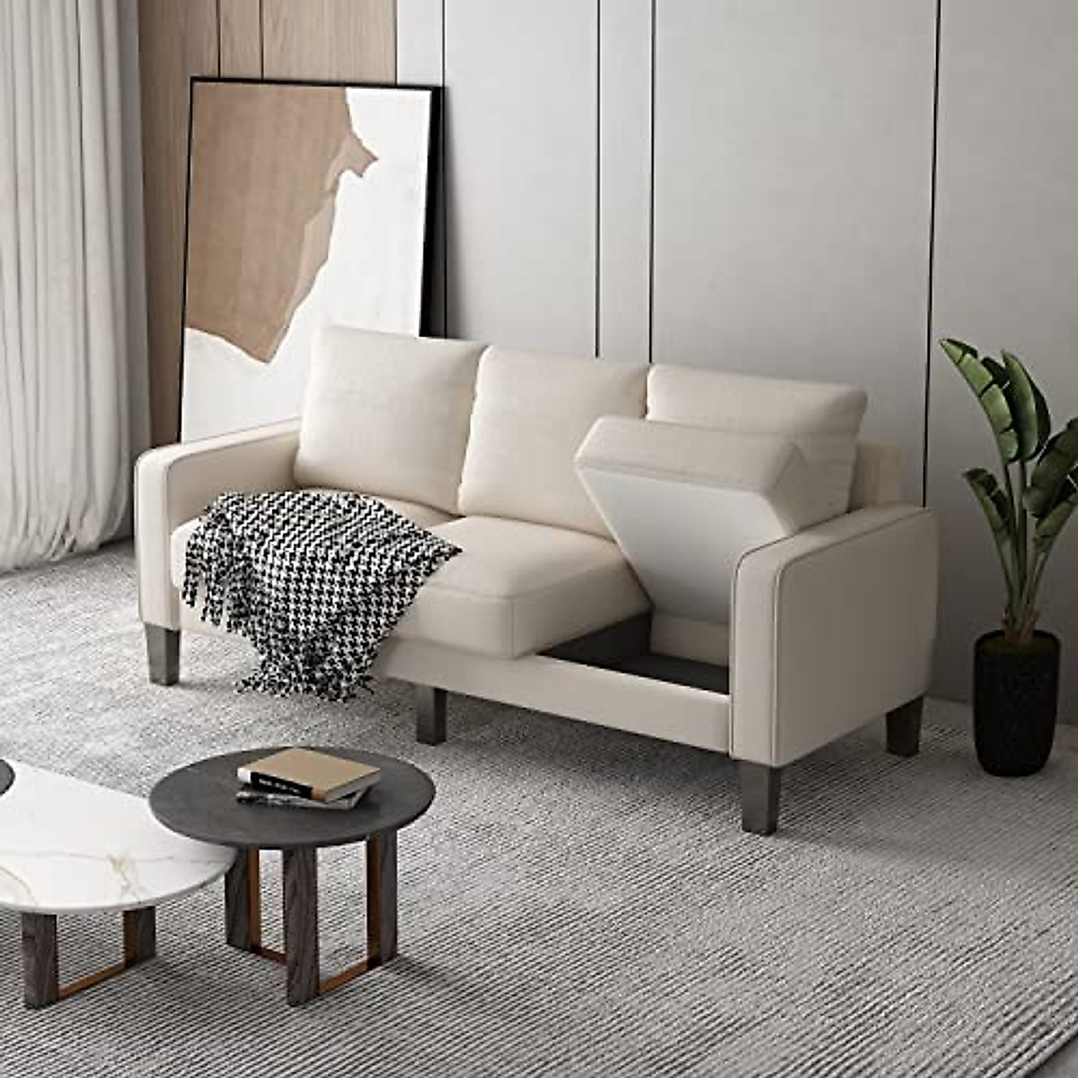 FIQHOME Set 2-Piece Storage Box,Modern Upholstered Couch and Loveseat Sofa for Living Room and Bedroom in Beige Fabric (2+3 Seat)
