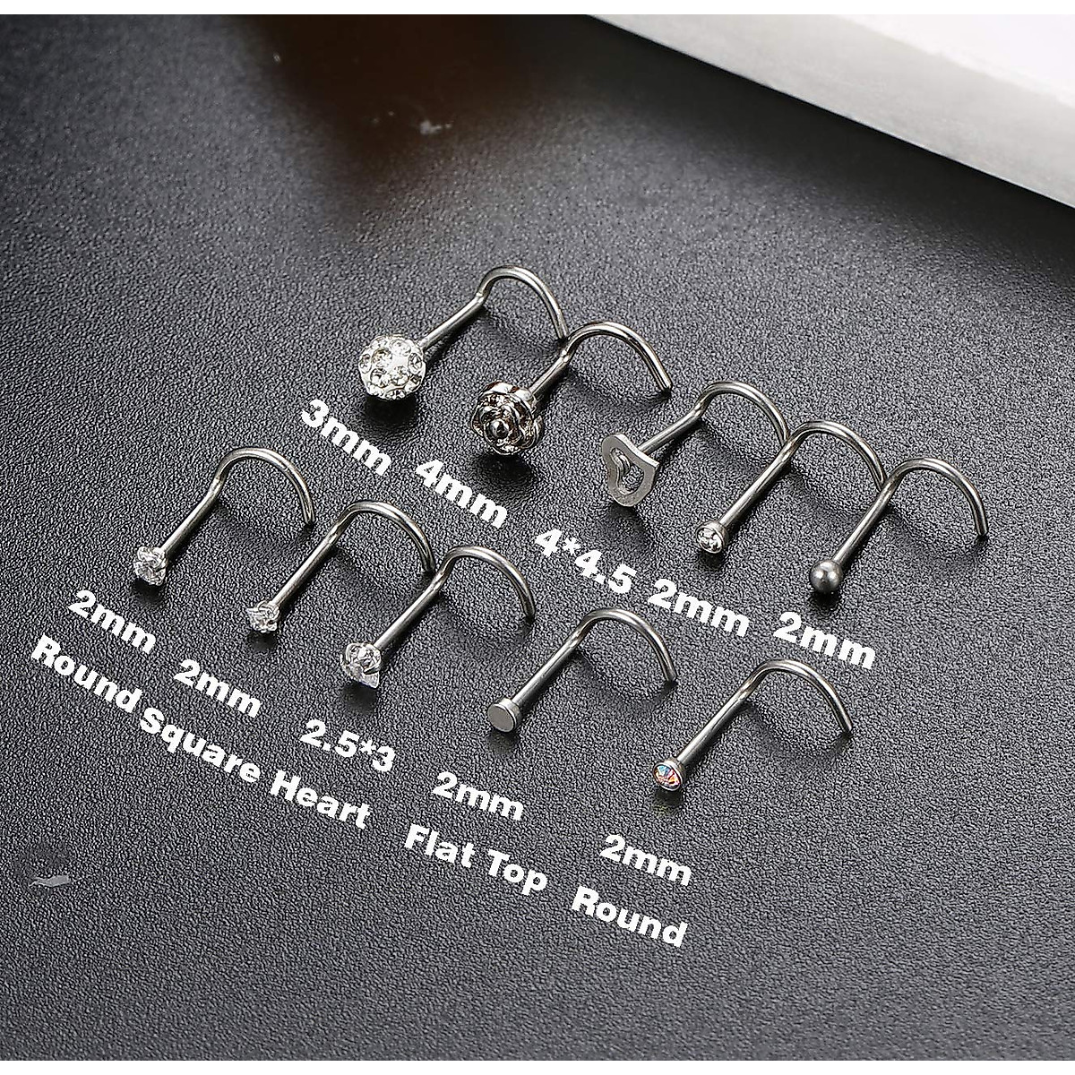 JOERICA 10 Pcs 20G Stainless Steel Screw Nose Studs Rings CZ Labret Silver Gold Nose Stud Piercing Jewelry Set Silver Tone