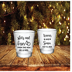 1.75oz Personalized Glass Shot Glass Favors "shots and kisses" use for Wedding, Engagement, After Party, Bridal Shower or your Rehearsal Dinner !