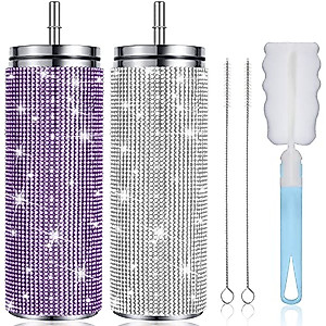 2 Pcs Bling Tumbler 20oz Rhinestone Cup Glitter Diamond Bottle with Lid and Straw Rhinestones Stainless Steel Glitter Thermal Water Bottle Diamond Straw Cup for Women (Silver, Purple)