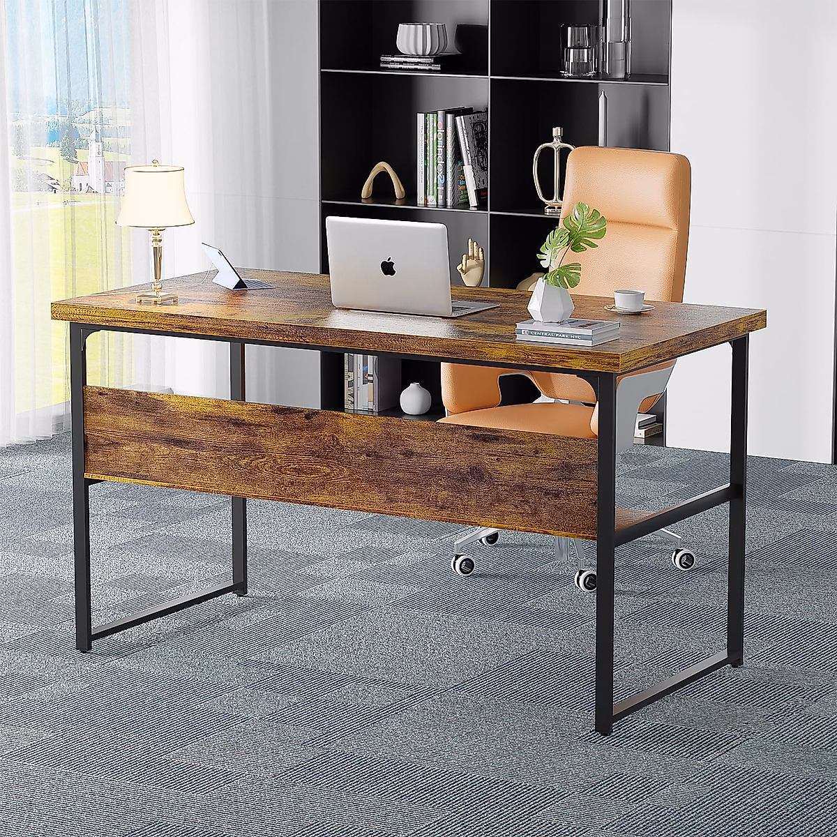 Unikito Computer Desk with Power Outlets, Executive Desk with Extra Thick Tabletop, Computer Office Desk Workstation with Bookshelf, Modern Simple Study Writing Table for Home Office, Rustic Brown