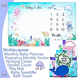 Baby Monthly Milestone Blanket Boy and Girl - Extra Soft Fleece Blanket for Baby Shower - Milestone Blanket Baby Boy and Girl Nursery Decor - Capture Baby Growth - with Whale Chalkboard + 2 Frames