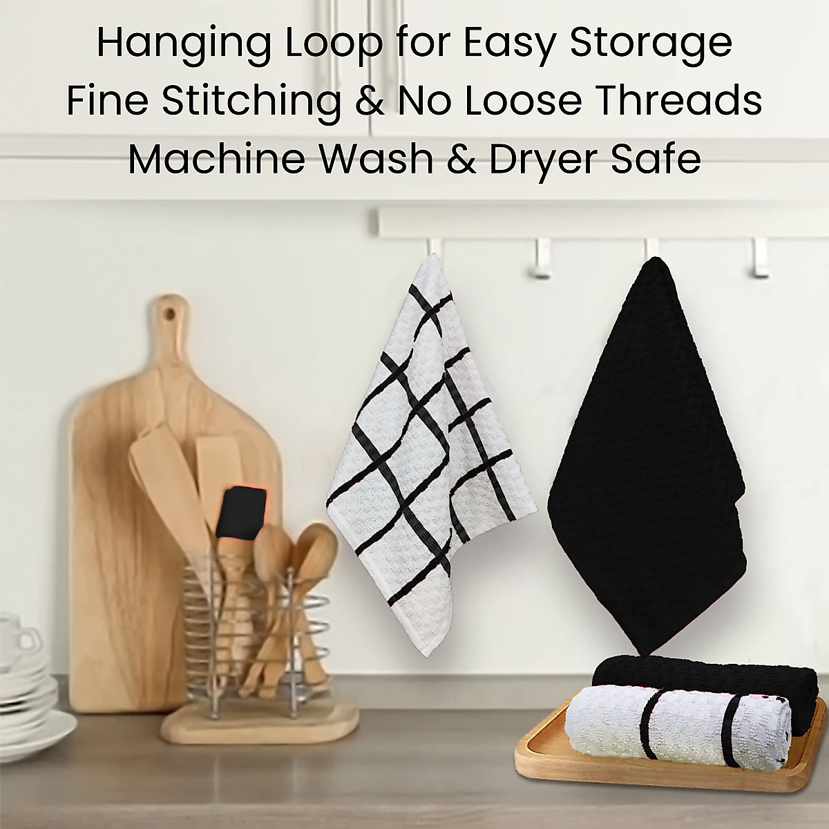 Linen Hub Terry Kitchen Dish Towels for Drying Dishes Set of 8, Soft Absorbent Tea Towel, Farmhouse Kitchen Towels with Hanging Loop, 100% Cotton Kitchen Towels for Easter, Christmas 15x25 Black White