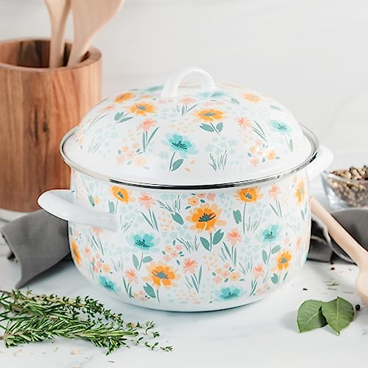 McSunley 6 Quart Porcelain Enamel Dutch Oven, Floral