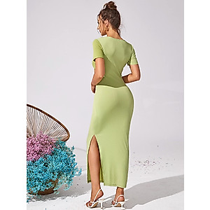 WDIRARA Women's Sexy Cut Out Keyhole Front Dress Split Side Hem Colorblock Short Sleeve Bodycon Casual Maxi Dresses Green M