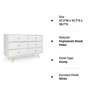 EazeHome White Dresser, 6 Drawers Dresser with Wide Double Drawer, Chest of Drawers Large Storage Cabinet for Bedroom, Living Room, Entryway, Hallway