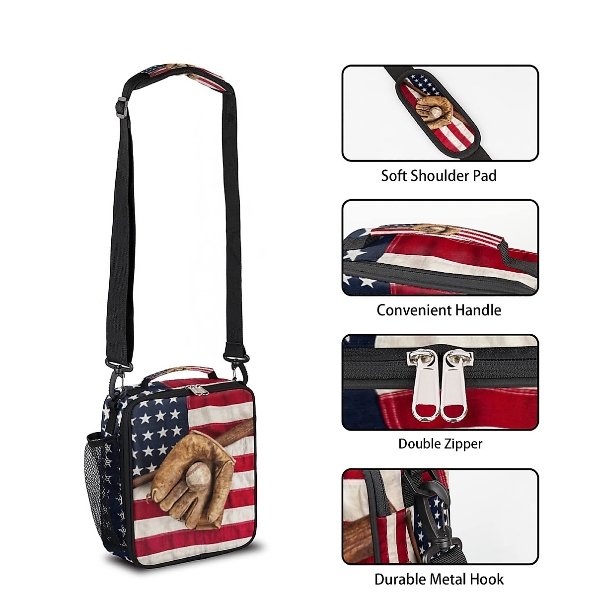 Vintage Baseball Insulated Lunch Box Kids Lunch Bags, Baseball American Flag Reusable Lunch Tote Bag Thermal Cooler Meal Bag with Shoulder Strap for Women Men Boys Girls