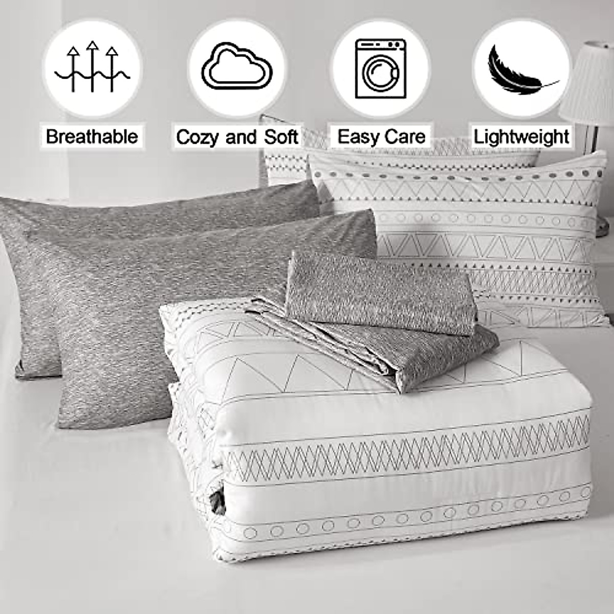 Boho Comforter Set King,7 Pieces Bed in a Bag White Grey Comforter Geometric Bohemian Bedding Set with Pillowcases Soft Microfiber Comforter and Sheet Set King Size