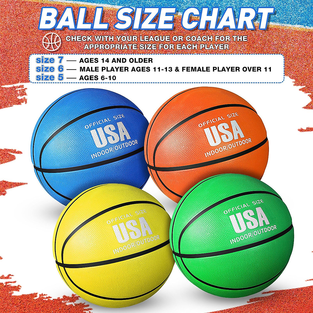 Libima 4 Pcs Rubber Basketball with Pump Official Indoor Outdoor Basketball Sport Gift for Game Practice Training Kids Teens Adults Streetbballs(Size 6,Yellow, Green, Blue, Orange)