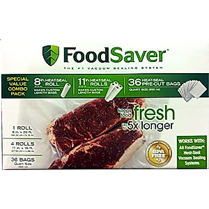 FoodSaver B005SIQKR6 Special Value Vacuum Seal Combo Pack 1-8" 4-11" Rolls 36 Pre-Cut Bags, 1Pack, Clear