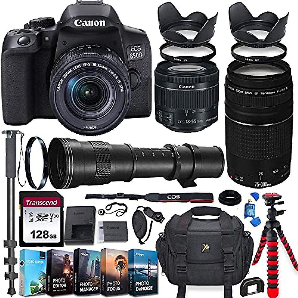 Canon Intl. EOS 850D (Rebel T8i) DSLR Camera with 18-55mm STM & Canon EF 75-300mm III Lenses + MF 420-800mm Zoom Lens + 128GB Memory + Filters + Flex Tripod + Professional Bundle (Renewed)