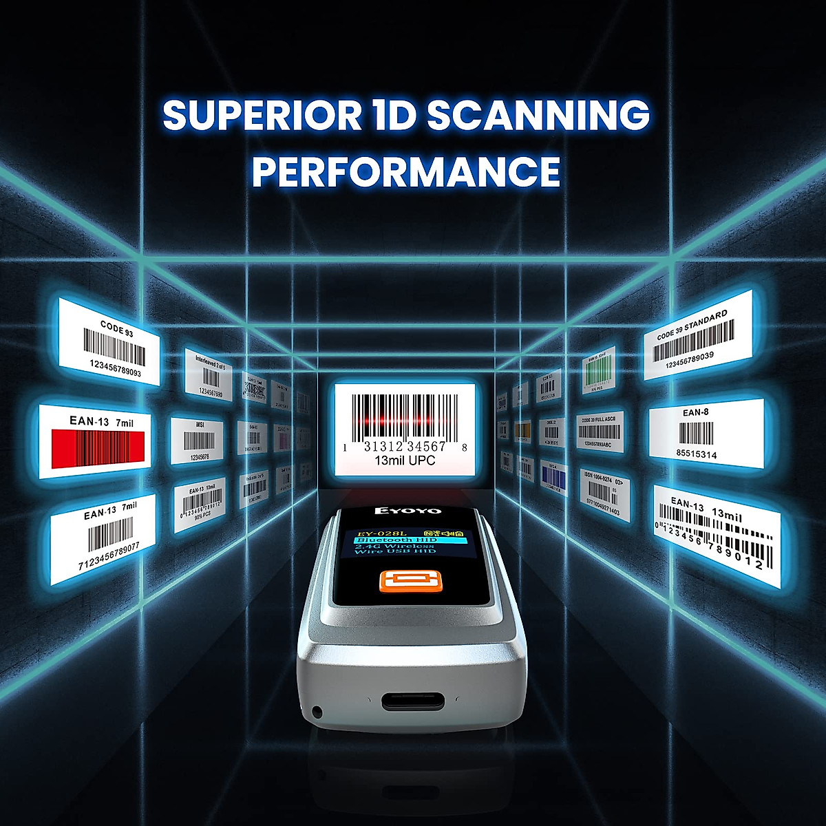 Eyoyo Mini Bluetooth Barcode Scanner with LCD Display,1D Laser Portable USB Wireless Book Bar Code Scanner Reader for Library Classroom Inventory, Compatible with iPhone iPad Android iOS POS Laptop