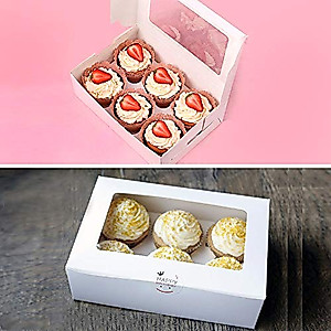 Pralb 20Pack White Cupcake Boxes with Inserts 6 Holders,White Standard Bakery Boxes with Pvc Window,Cupcake Containers Bakery Cake Box,Auto-Popup Cupcake Containers Carriers Bakery Cake Box(9x6x3inch)