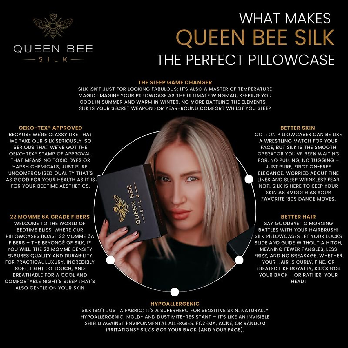 QUEEN BEE SILK - Silk Pillowcase for Hair and Skin - 22 Momme Mulberry Silk - Charmeuse Weave - Envelope Closure - Standard Size - White