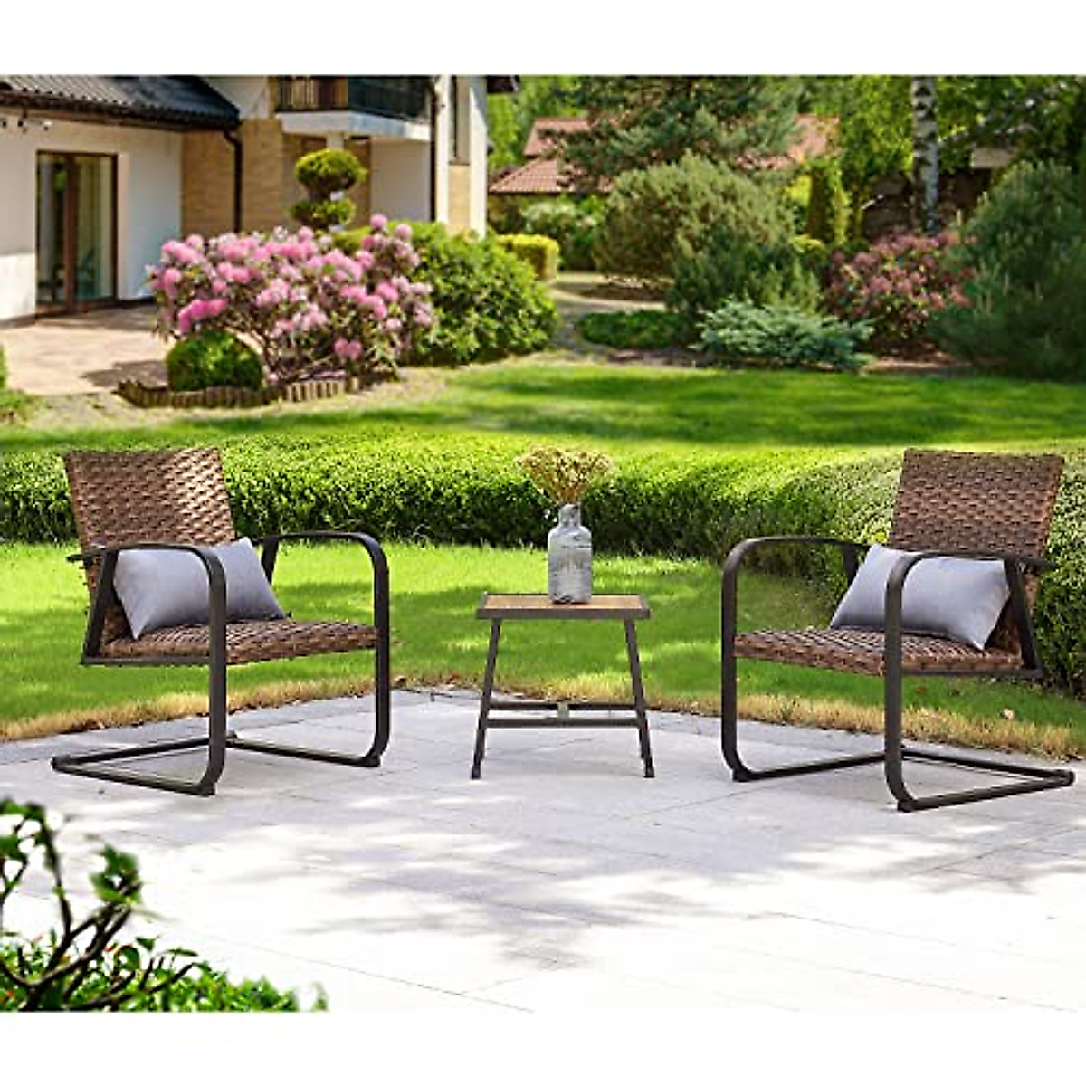 3 Pieces Patio Furniture Set,Outdoor Bistro Set,C-Spring Dining Chairs with Washable Cushion,Conversation Furniture for Garden Poolside Balcon,4D Air Fiber Cushion,Premium Rattan,400lbs Capacity